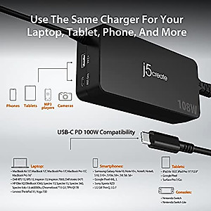j5create 108W USB Type C PD Super Charger for MacBook Pro, Chromebook, Laptop, Notebook, Tablet, Android, iPhone, iPad Pro, Smart Phone (JUP34108)
