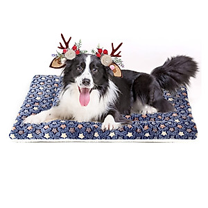 Mora Pets Dog Bed Crate Pad Ultra Soft Pet Bed with Cute Star Print Washable Crate Mat for Large Medium Small Dogs Reversible Fleece Dog Crate Kennel Mat Cat Bed Liner 35 x 22.8 inch Dark Blue