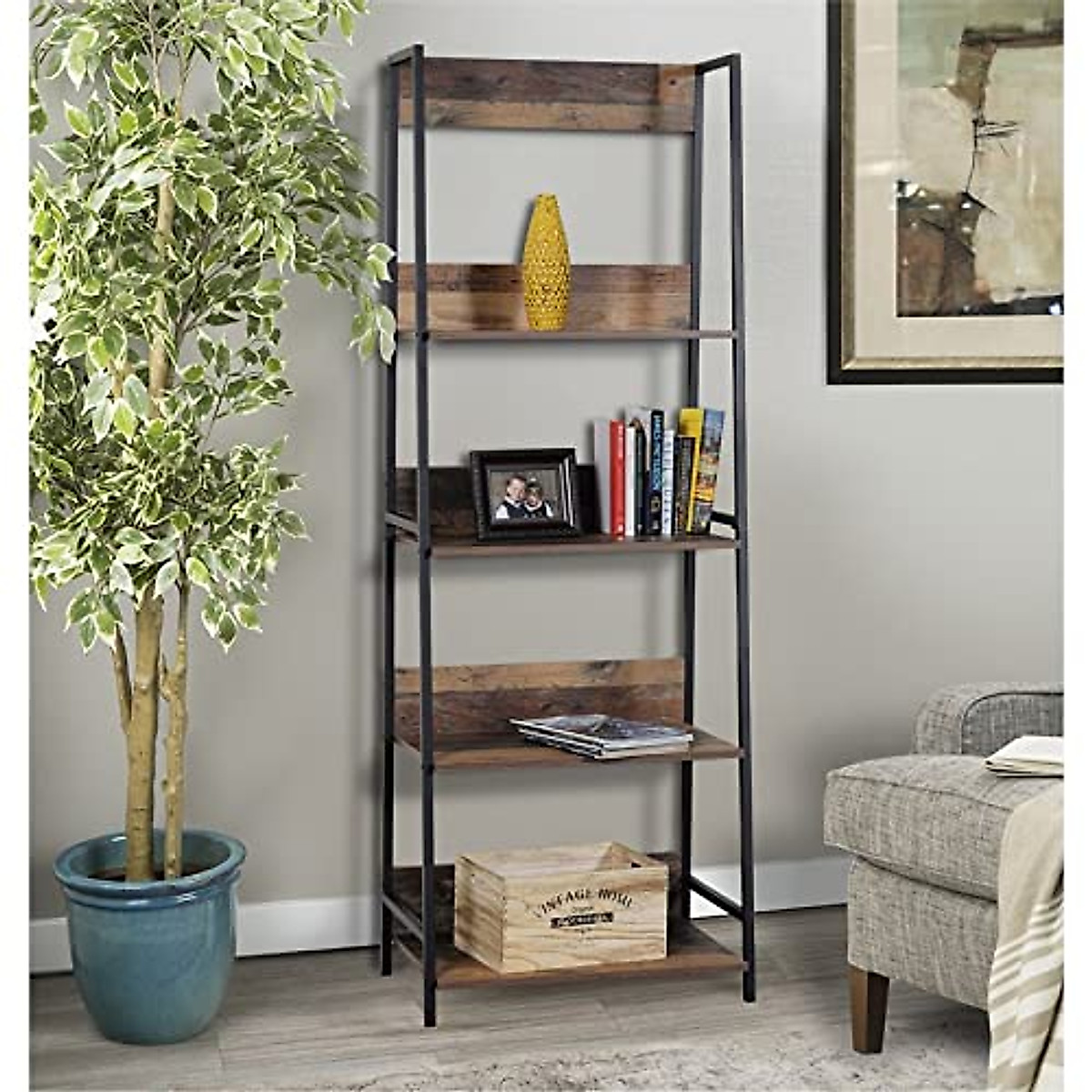 OS Home and Office ladder bookcase, Rustic Planked Knotty Pine