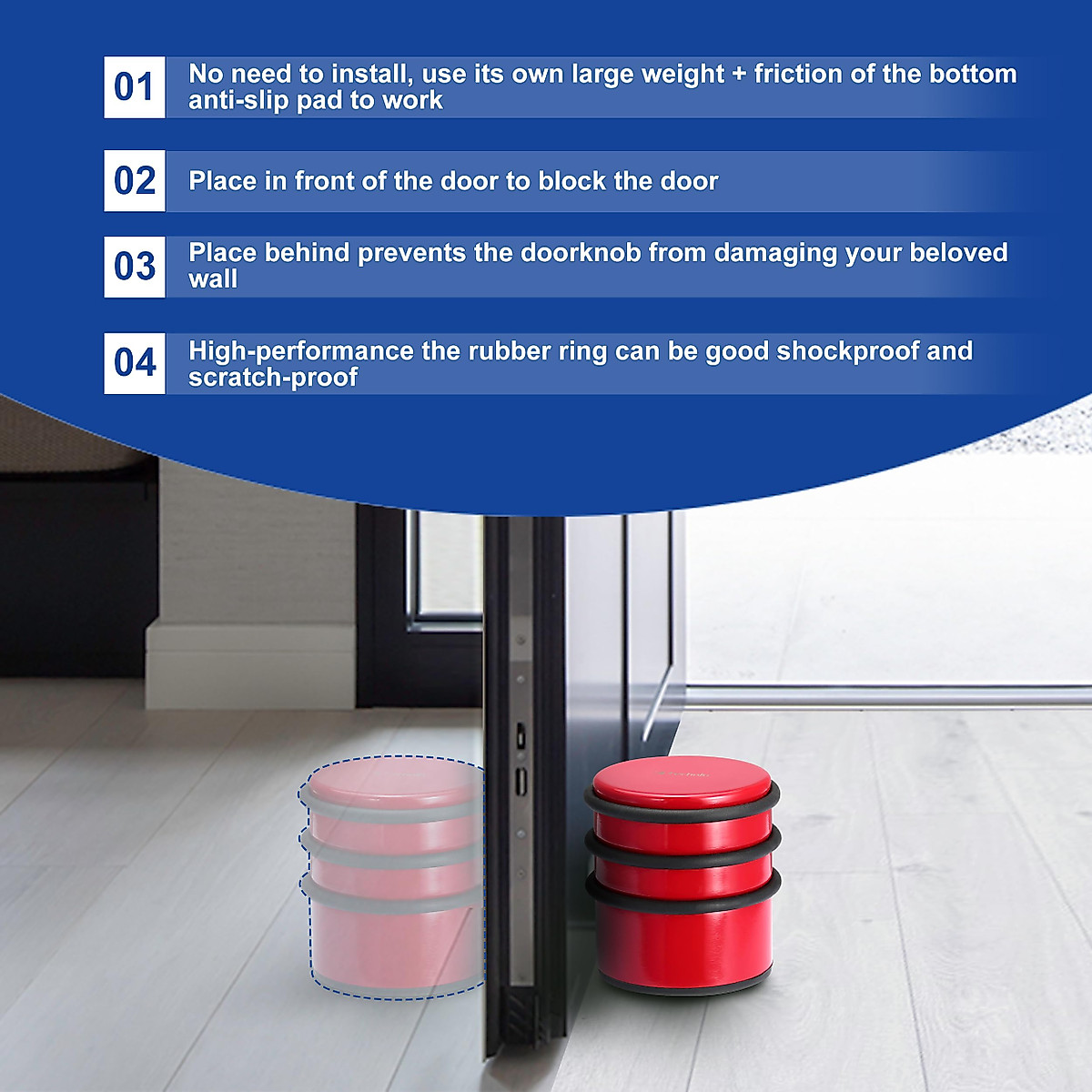 Techoln Heavy Duty Door Stoppers for Bottom of Door, Stainless Steel 2.8" Tall Door Stop No Drilling, Large 1.76 Lbs Doorstops with Protective Rubber Bands Anti-Slip Door Wedge (Painted Red)