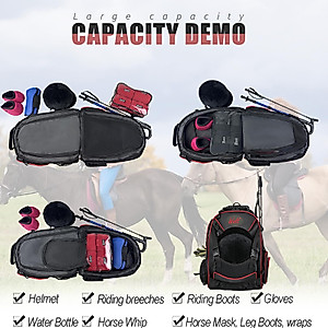 WOLT Professional Equestrian Backpack with Helmet Holder for Horse Riding, One Bag wih Multiple Compartments Carry All Accessories (NOT included), One Size Black+Red