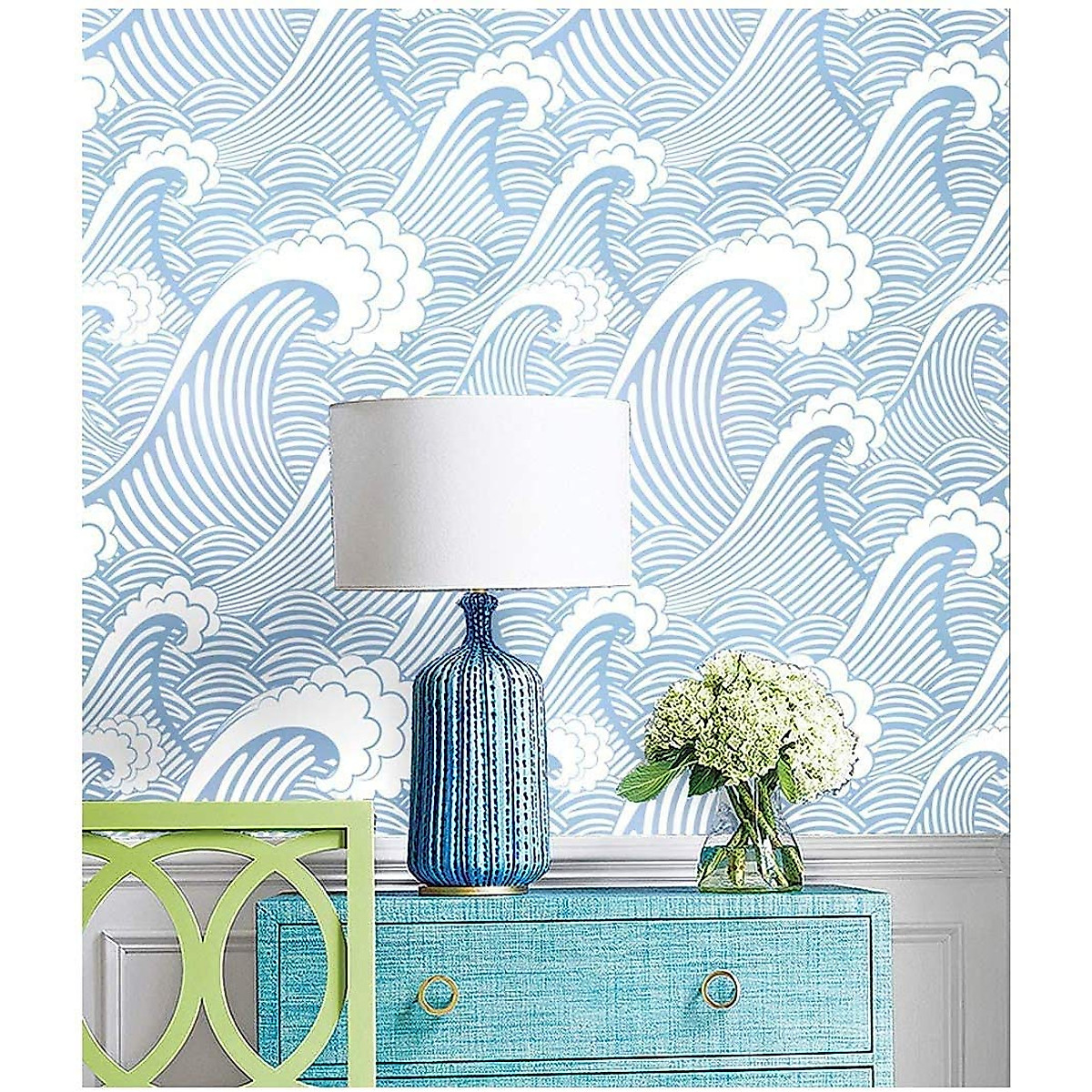Blooming Wall CPS030 Peel&Stick Handpainting Seamless Blue White Waves Sea Sprays Self-Adhesive Prepasted Wallpaper Wall Mural (17.7“x118”)