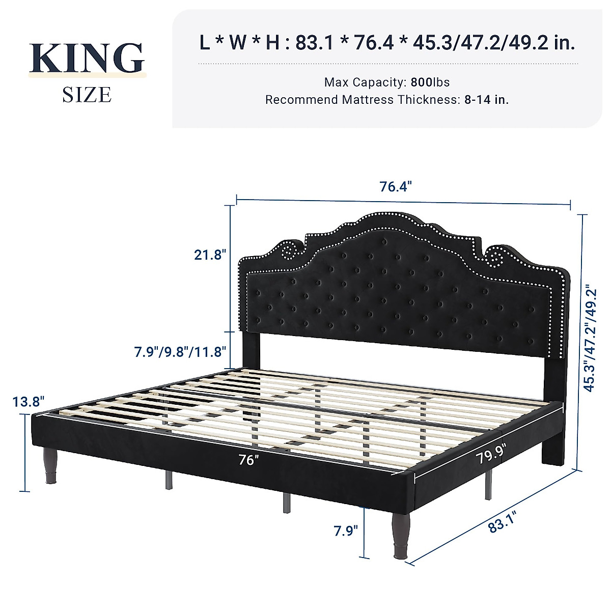 Allewie King Bed Frame with Adjustable Velvet Tiara Headboard, Upholstered Diamond Button Tufted Platform Bed, Wood Slats Support, No Box Spring Needed, Mattress Foundation, Easy Assembly, Black