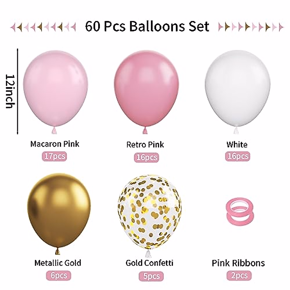 FunHot Pink and Gold Balloons, 60Pcs Retro Pink White Balloons, 12 Inch Metallic Gold Confetti Balloons Helium Light Pink Latex Party Balloons for Girls Baby Shower Birthday Princess Party Decorations