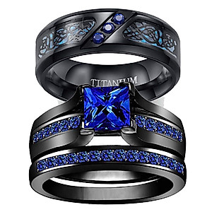TWO RINGS His Hers Wedding Ring Sets Couples Rings Women's Black Gold Plated Blue Sapphire CZ Wedding Engagement Ring Bridal Sets & Men's Titanium Wedding Band