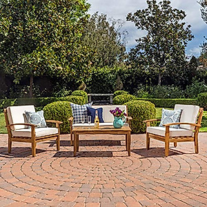 GDF Studio Preston 4 Piece Wood Outdoor Patio Seating Chat Set w/Beige Cushions