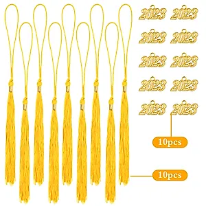 10pcs Yellow Graduation Tassels Academic Graduation Cap Decoration Tassel with 10pcs 2023 Year Golden Charms for 2023 Graduation Ceremonies Party Activities