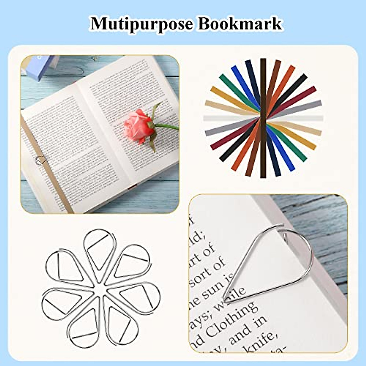 42 Pcs Elastic Bookmarks Set Multi Color Elastic Rope Bands Planner Bookmarks Include 30 Pcs Stainless Steel Teardrop Paper Clips and 12 Pcs Elastic Bands for Women Office School Reader (Retro Color)