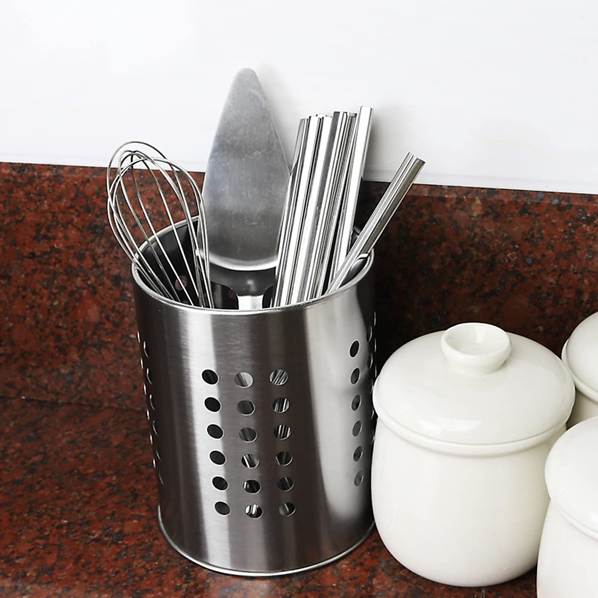 Stainless Steel Kitchen Utensil Holder Utensil Caddy Cooking Utensil Crock Counter Countertop Utensil Organizer Spoon Spatula Chopstick Cutlery Holder Tableware Storage Container Silver