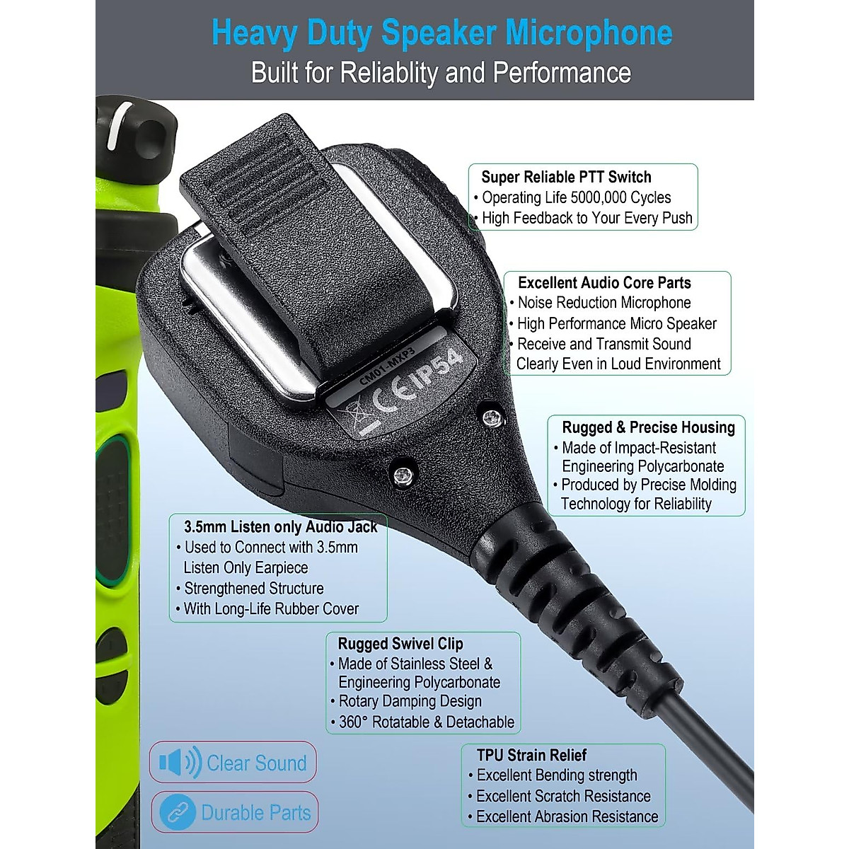 commountain Speaker Mic with Reinforced Cable for Motorola Radios XPR 3500e, XPR 3300e, XPR 3500, XPR 3300, XPR3500e, XPR3300e, XPR3500, XPR3300, XPR Noise Reduction Shoulder Microphone-5 Pack