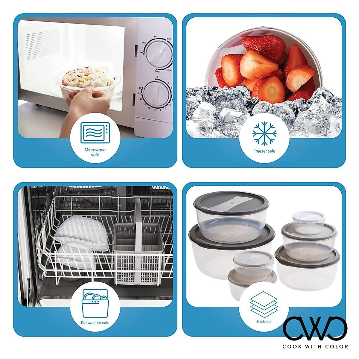 COOK WITH COLOR Round Food Storage Containers with Lids, Easy-Find Nesting Plastic Containers, 14 Piece Set (Grey Ombre)