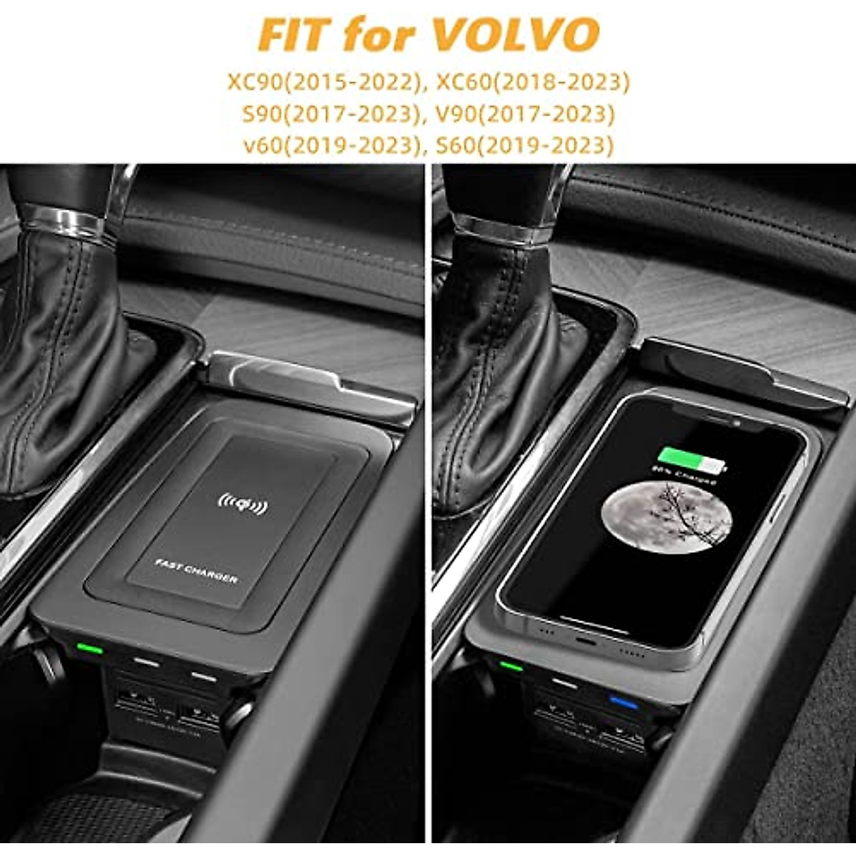 AutoQi Car Wireless Charger for 2016 2017 2018 2019 2020 2021 2022 2023 Volvo XC90 XC60 S90 S60 V90 V60, Center Consle Wireless Cell Phone Qi Charging Station Pad fits Volvo Interior Accessories