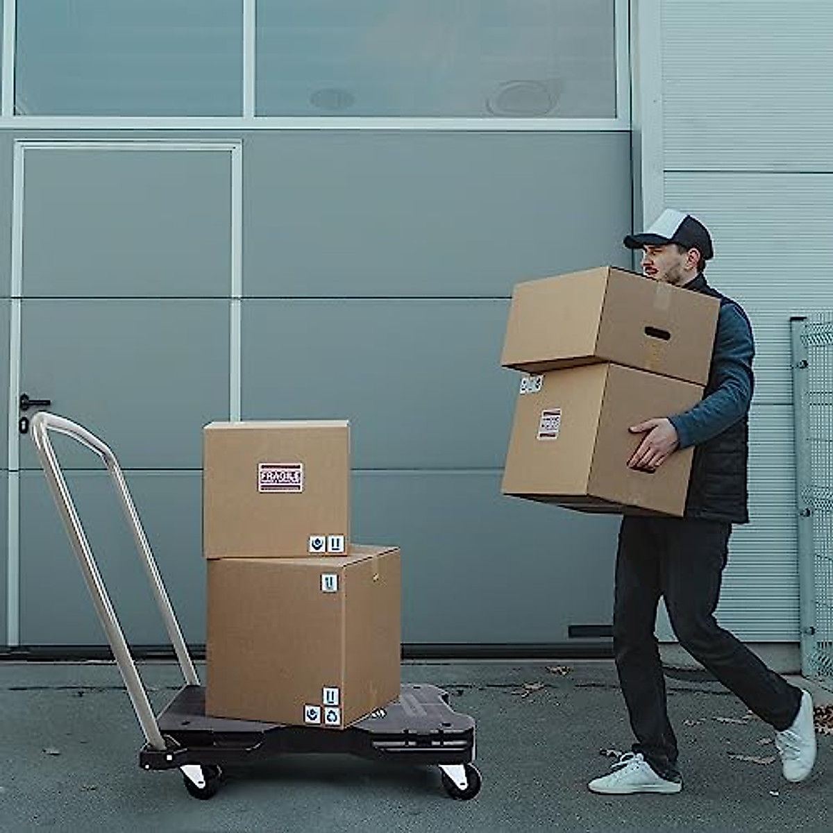 Olympia Tools Fully Folded Resin Push Cart Dolly - 330 Lb. Loading Capacity Foldable Moving Platform Cart Hand Truck - Black Collapsible Heavy Duty Folding & Rolling Flatbed Cart with 4 Swivel Wheels