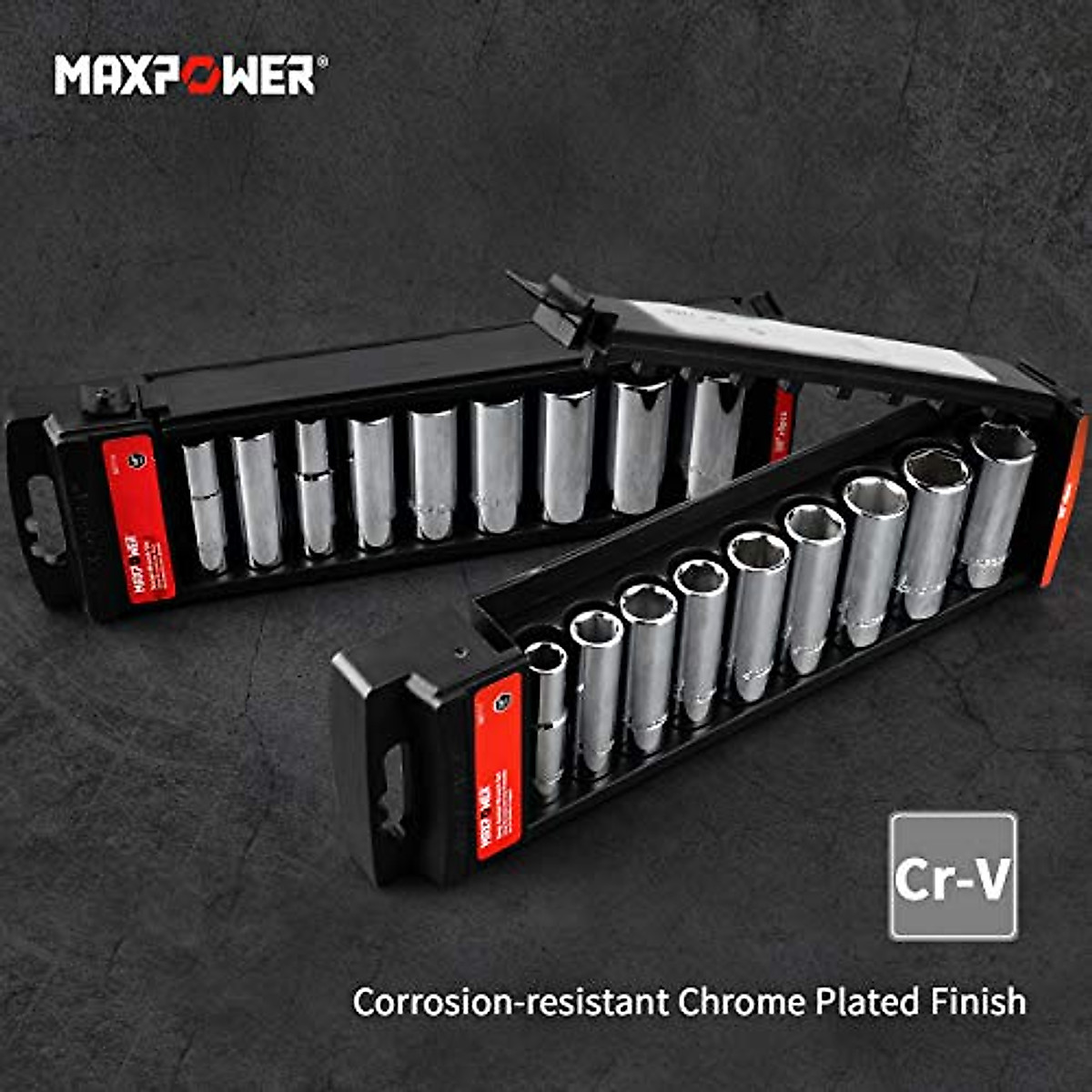 MAXPOWER 3/8-Inch Drive Deep Socket Set, SAE/Inch, 9 Pieces, 6 Point Socket Set, 3/8", 7/16", 1/2", 9/16", 5/8", 11/16", 3/4", 13/16", 7/8"