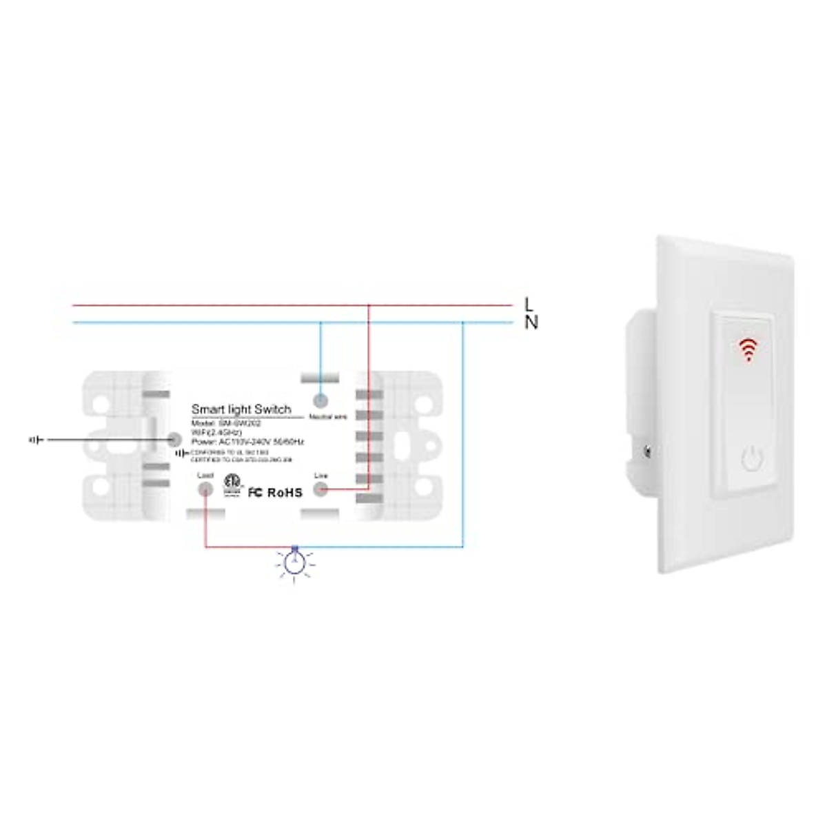 Smart Light Switch, WiFi Switch Touch Wall Switch 1 Gang, Work with Smart Life/Tuya App, Compatible with Alexa Google Home and IFTTT, No Hub Required, App Control from Anywhere, Timing Schedule, 2Pack