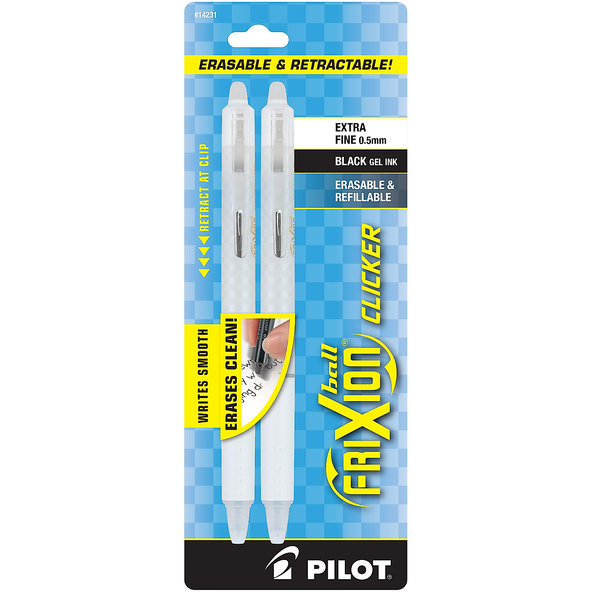 Pilot FriXion Ball Clicker Erasable Gel Ink Retractable Pen, Extra Fine Point, 0.5mm, White Barrel, Black Ink, 2 Pack