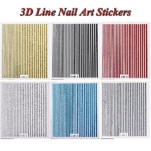 Line Nail Art Stickers Decals 3D Holographic Line Nail Stickers 6Pcs Rose Gold Silver Metal Stripe Nail Decals Geometric Stripe Line Curve Adhesive Nails Art Supplies Sliders for Women Manicure Decor