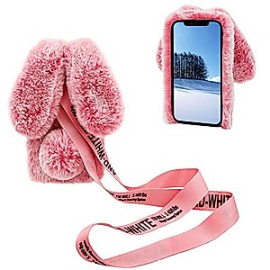 DasKAn for Samsung Galaxy A14 5G 3D Bunny Ears Plush Case with Crossbody Strap, Winter Warm Handmade Bling Diamond Soft Rabbit Fluffy Furry Fur Shockproof Protective Phone Cover, Pink
