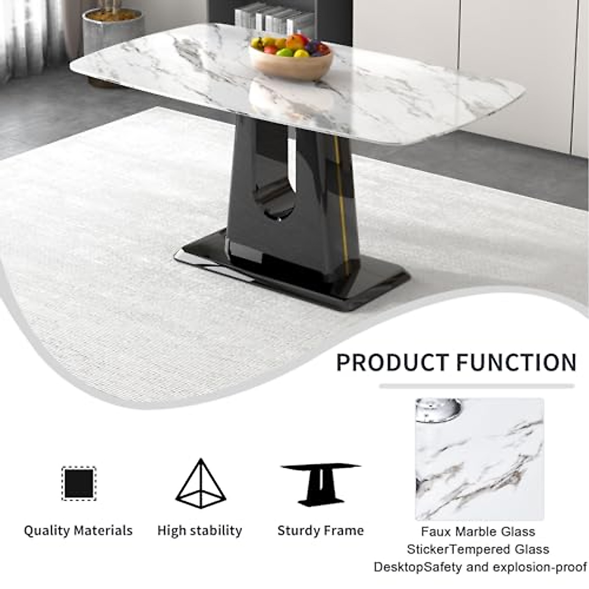 Xshelley 63" Faux Marble Dining Table Set for 6, 7 Piece Dining Table Set with 1 Faux Marble Dining Table and 6 Upholstered Dining Chairs for Kitchen Dining Room (Black-A, 7 Piece Dining Taboe Set)