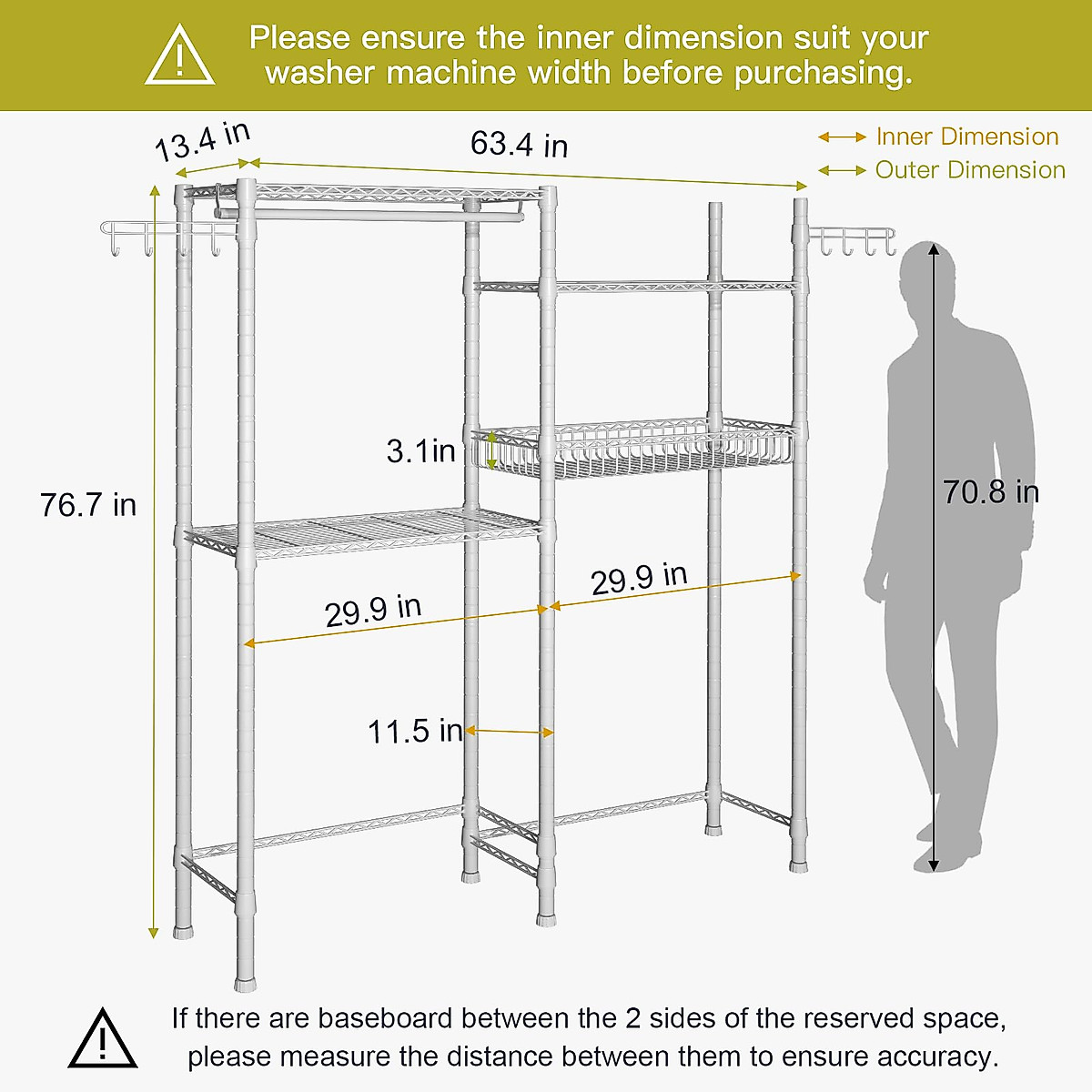 Ulif Clothes Drying Rack, Over Washer and Dryer Laundry Room Storage Shelf, Bathroom Towel Rack Space Saver with Adjustable Shelves, Wire Basket, and Rotatable Hooks, 63.4"L x 13.4"D x 76.7"H, White