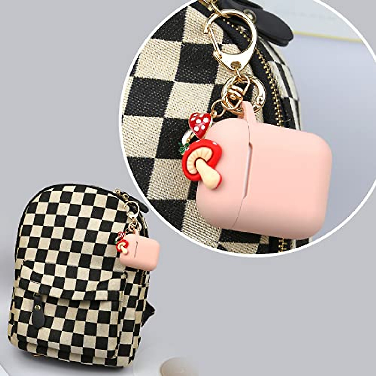 Wonhibo Cute Mushroom Airpod Case, Kawaii Silicone Pastel Pink Cover for Apple Airpods 1st and 2nd Generation with Keychain