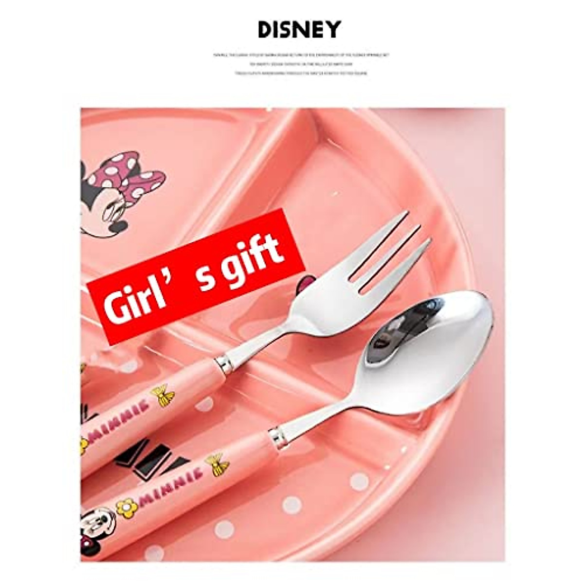 Meet Beauty Ding 1Set Stainless Steel Minnie Spoon Fork Set Pink Kid's Flatware with A Container Girl Children's Tableware Female Student's Cartoon Dinnerware Meal Tool（Made in China