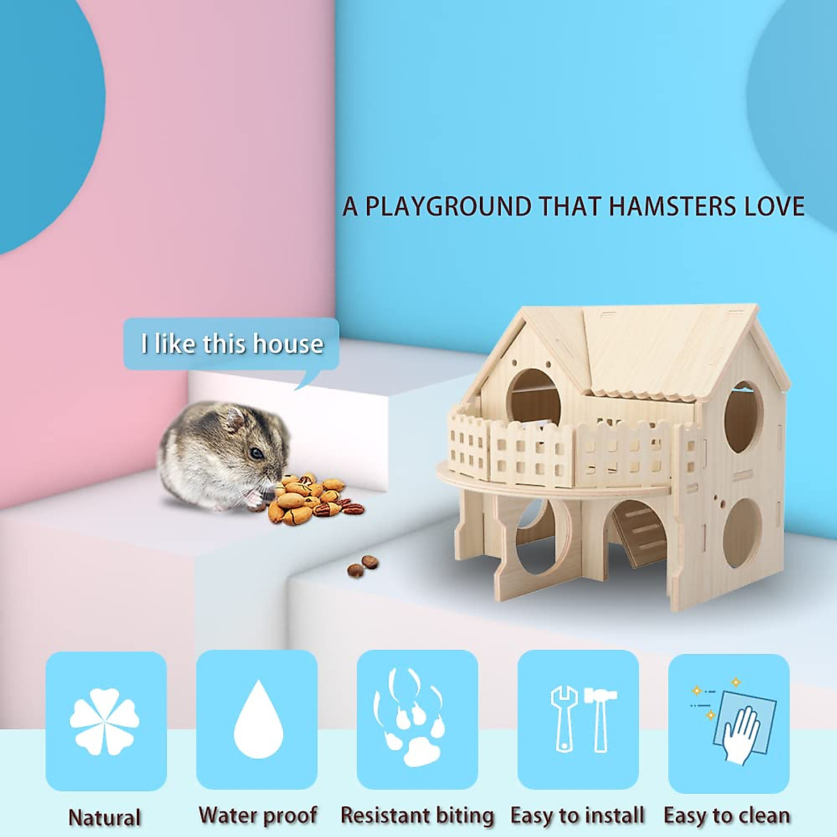 Hamster Forest Lookout Wood House Fun House Double-Decker Hut for Young Dwarf Gerbil Mouse Mice Rat Small Animals(Small Size Only for Small Hamster)