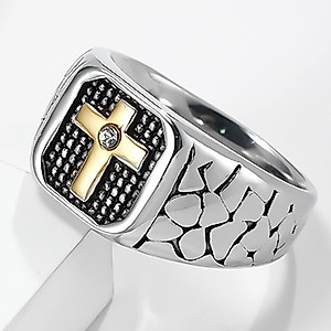 Jude Jewelers Stainless Steel Christian Cross Signet Style Religoius Prayer Wedding Statement Biker Party Ring (Silver Gold, 12)