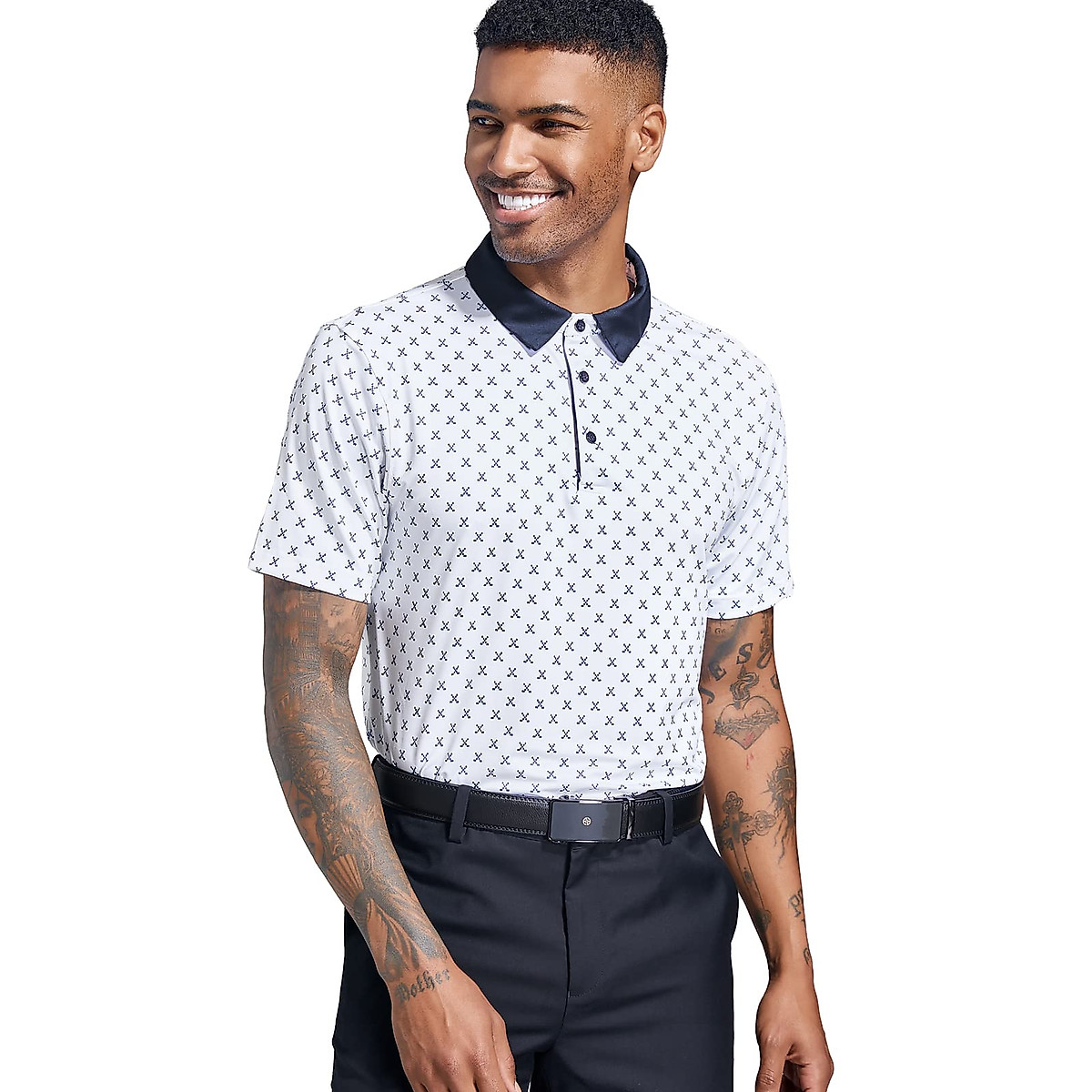 Men's Performance Dry Fit Golf Shirt, Quick-Dry Short Sleeve Polo, Moisture Wicking Navy/White L