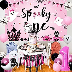 Halloween 1st Birthday Party Decorations for Girl Spooky One Backdrop Pink Black Hot Pink Balloons High Chair Banner Cake Topper for First Birthday Party Supplies