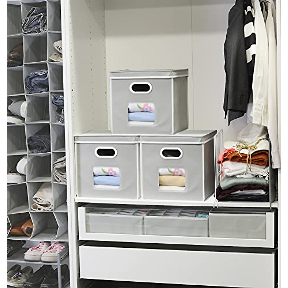 Simple Houseware 3-Pack 12-Inch Clear Window Cube Storage Bin with Lid, Grey