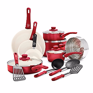 GreenLife Soft Grip Healthy Ceramic Nonstick 16 Piece Cookware Pots and Pans Set, PFAS-Free, Dishwasher Safe, Red & Soft Grip Healthy Ceramic Nonstick 16 Piece Cookware Pots and Pans Set, Red