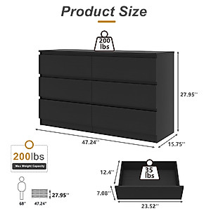 Spaco Black Dresser for Bedroom,6 Drawer Dresser,Chest of Drawers & Dresser,Wood Dresser,Dresser Bedroom Furniture,Wide TV Stand Dresser for Nursery,Kid's Room