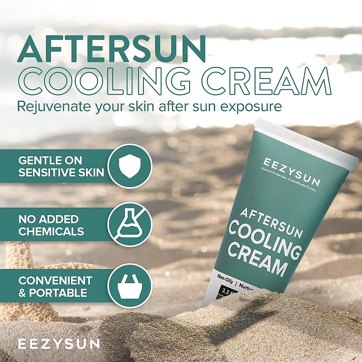 EEZYSUN AfterSun Cooling Cream | Vegan AfterSun Care with Aloe Vera, Tea Tree Oil, & Chamomile to Soothe, Hydrate, & Repair Sunburn | Dermatologically Tested 3.3 FL OZ