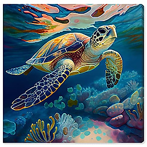 Wynwood Studio Animals Contemporary Canvas Wall Art Sea Turtle I Living Room Bedroom and Bathroom Home Decor 30 in x 30 in Blue and Brown