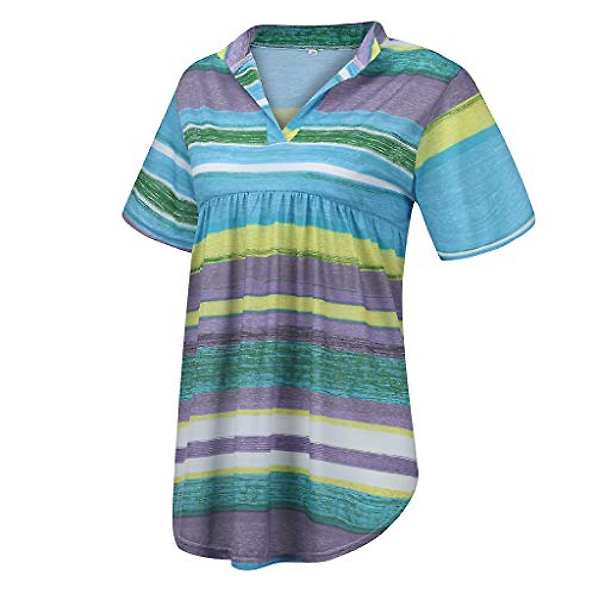 ESKNAS Womens Blouse Summer Rainbow Gradients Stripe Print Tunic Tops Short Sleeve V-Neck Pleated T-Shirt (Blue,XXXXL)