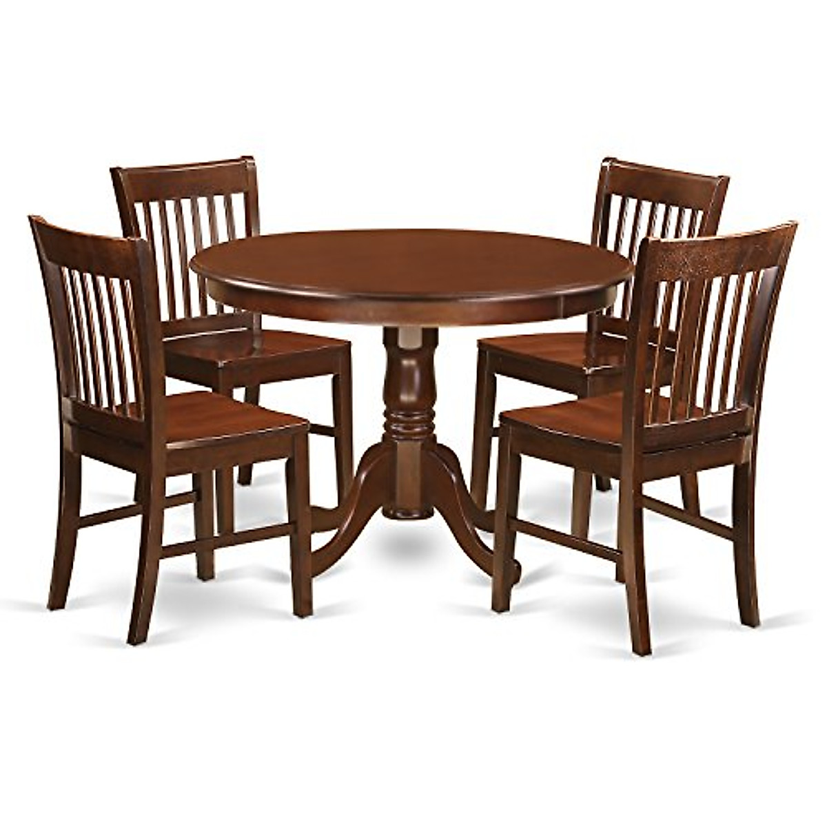 East West Furniture HLNO5-MAH-W 5 Piece Dinette Set for 4 Includes a Round Dining Table with Pedestal and 4 Dining Room Chairs, 42x42 Inch, Mahogany