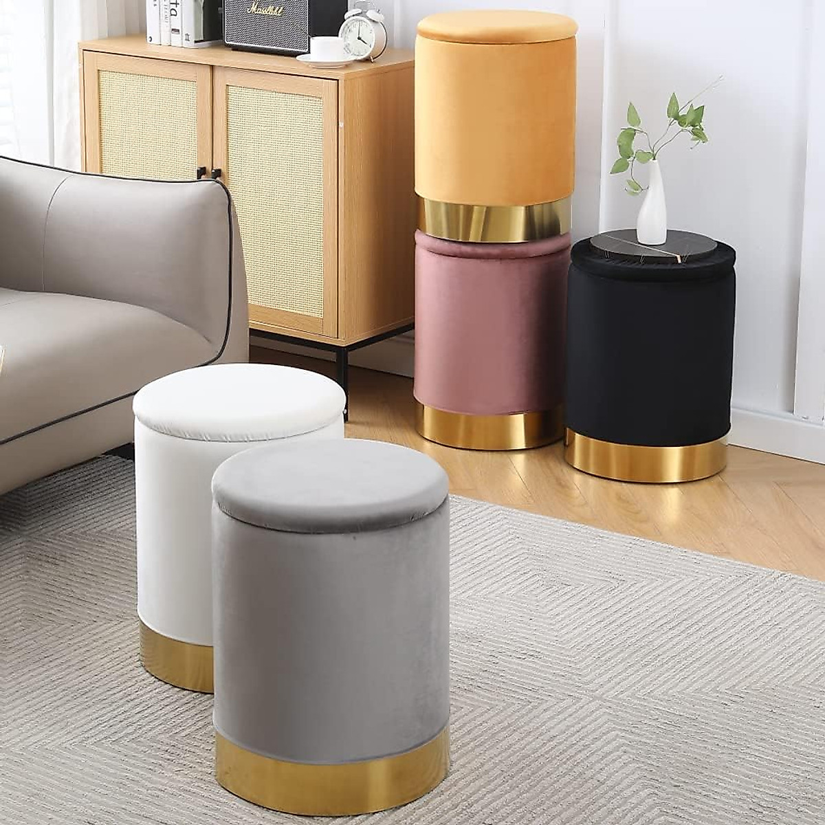 Mxfurhawa Velvet Storage Ottoman Multipurpose Footrest Stool with Metal Base Modern Round Vanity Stool Chair Ottoman Foot Stools Support 300 lbs Padded Seat for Living Room (Cream (Velvet))