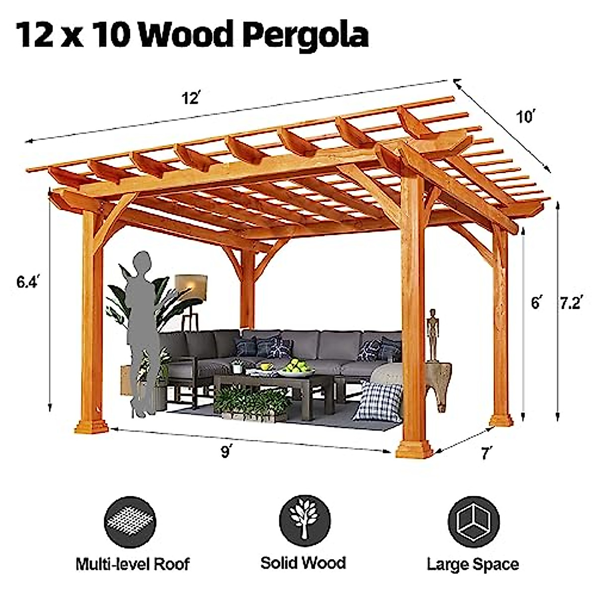 Outdoor Pergola 12'x10' Wood Patio Gazebo with Durable, Rot Resistant, Stability Structure, Snow and Wind Supported, Pavilion Grape Trellis for Porch Garden Backyard Deck Patio (White)