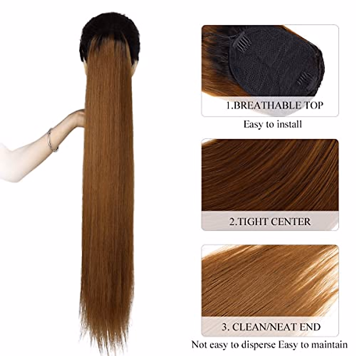 YIBANG 30inch Long Straight Drawstring Ponytail Synthetic High Puff Ponytail Hair Pieces With Comb Clip in Straight Ponytail Clip in Hair Extensions Smooth &Soft(T2/30)