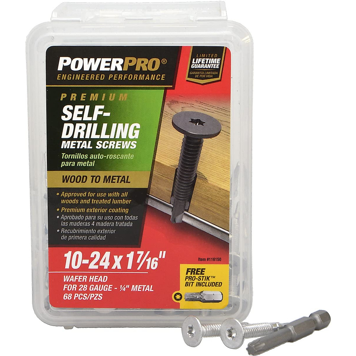 Power Pro Premium Self-Drilling Metal Screws, Epoxy Coated Steel, Wafer Head Wood to Metal Winged Point Screws, Silver, #10 x 1-7/16 inches, Box of 68 Screws