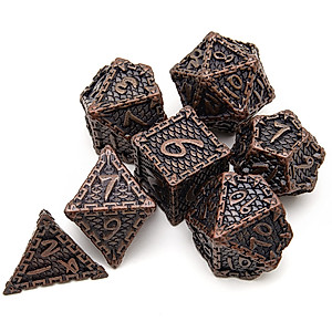 Tbrand Metal dice 7-Piece polyhedral Dragon Scale Metal dice Suitable for Dungeons and Dragons RPG dice(Patina), Red