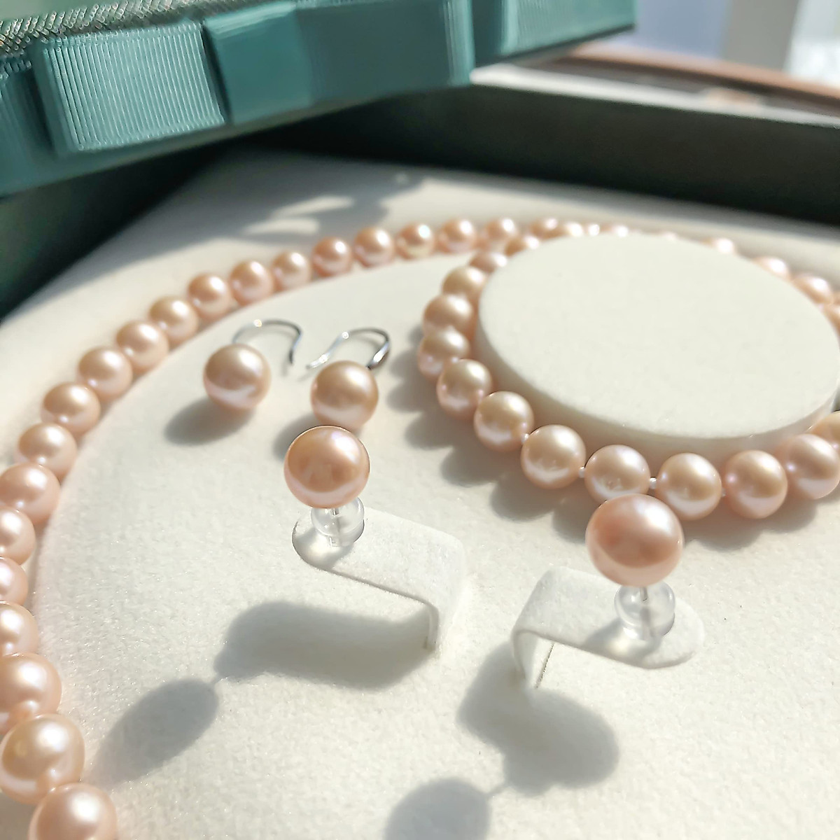 QuakerBrid Freshwater Cultured Pearl Set Jewelry for Women Includes Pearl Bracelet, Stud Earrings and Drop Dangle Earrings High Luster AAA Quality Genuine Round 8.0-9.0mm Pink Pearl Strand Necklace