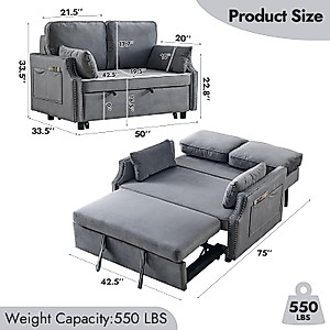 PATAVOT 3 in 1 Sleeper Sofa Couch, Velvet Upholstered Sleeper Sofa Bed with Side Storage Pockets, 2-Seater Pull Out Couch with 2 Pillows and Removeable Backrest for Living Room, Apartment, Grey.
