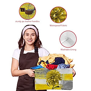 Yellow Dahlia Watercolor Plant Lines Cube Storage Organizer Bins with Handles,15x11x9.5 Inch Collapsible Canvas Cloth Fabric Basket,Abstract Modern Grey Yellow Oil Painting Art Books Toys Boxes
