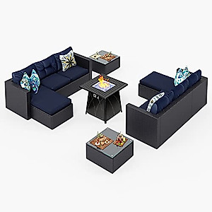 Sophia & William Patio Furniture Sectional Sofa with Gas Fire Pit Table All-Weather Wicker Rattan Outdoor Conversation Sets W/Coffee Table, CSA Approved 28-Inch 50,000BTU Propane Fire Pit (Navy Blue)