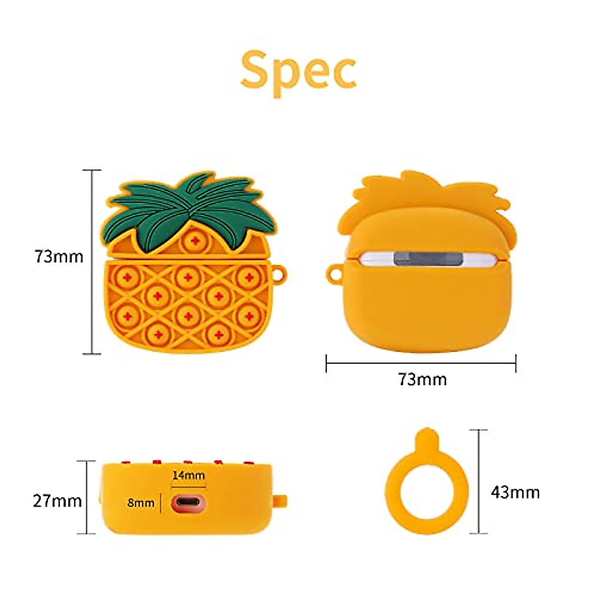 La Case, Cute Pineapple Fidget Pop Airpods Pro Case 3D Funny Cover for Women Girls or Boys (Orange)