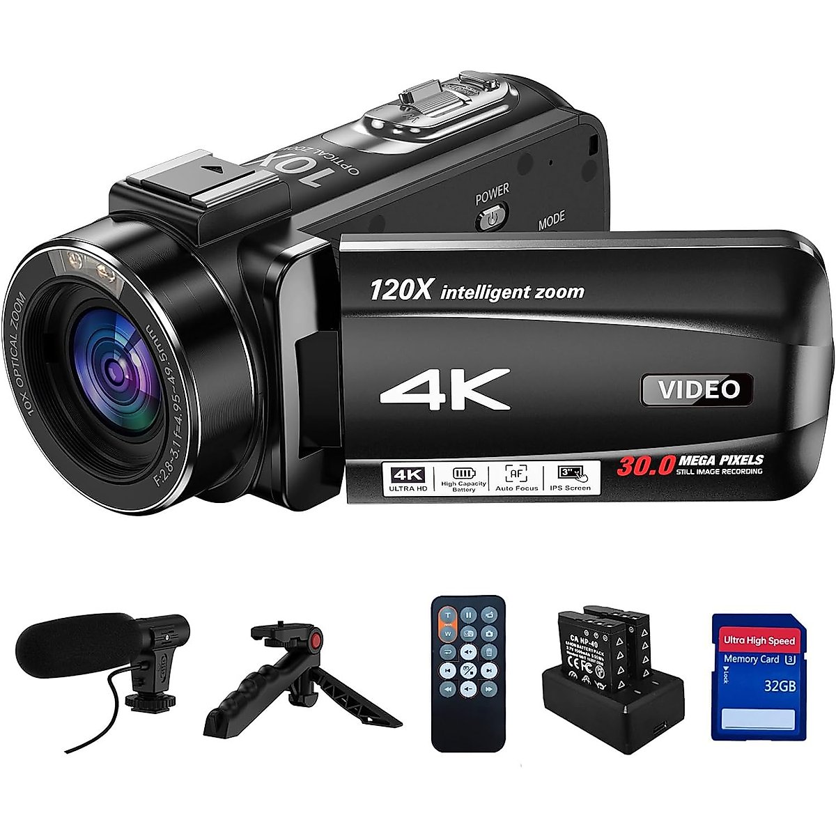 4K Video Camera Camcorder 10X Optical Zoom 120X Intelligent Zoom, 30MP 24FPS Auto Focus Vlogging Camera 3.0" IPS Touch Screen Digital Camera with Microphone, Tripod, Remote Control, 32G SD Card