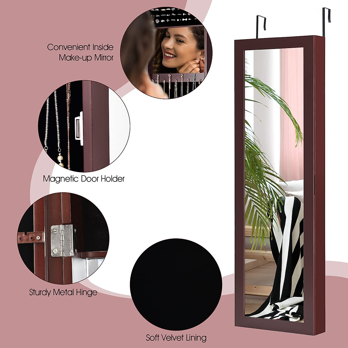 COSTWAY Full Length Mirror Jewelry Cabinet, Wall Door Mounted Jewelry Organizer with Makeup Mirror, Ring Slots and Necklace Hooks, Large Storage Jewelry Armoire for Bedroom, Dressing Room (Brown)