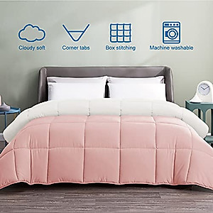 ART DEMO Reversible Down Alternative Quilted Comforter for Girls, Hypoallergenic Lightweight for All Season, Duvet Insert with Corner Tabs, Twin Size, Pink/White